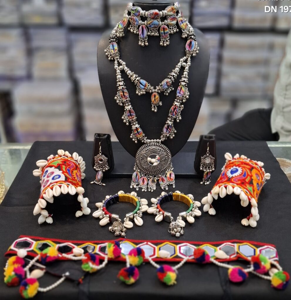 Navratri Tribal Oxidized Jewellery Combo Set with Cowrie Shells, Mirror ...