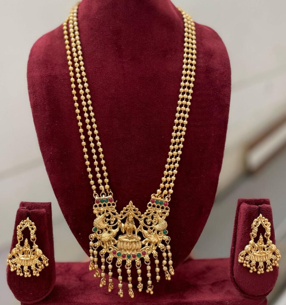 Long Temple Haram Necklace Set with Triple Layer Chain and Lakshmi ...
