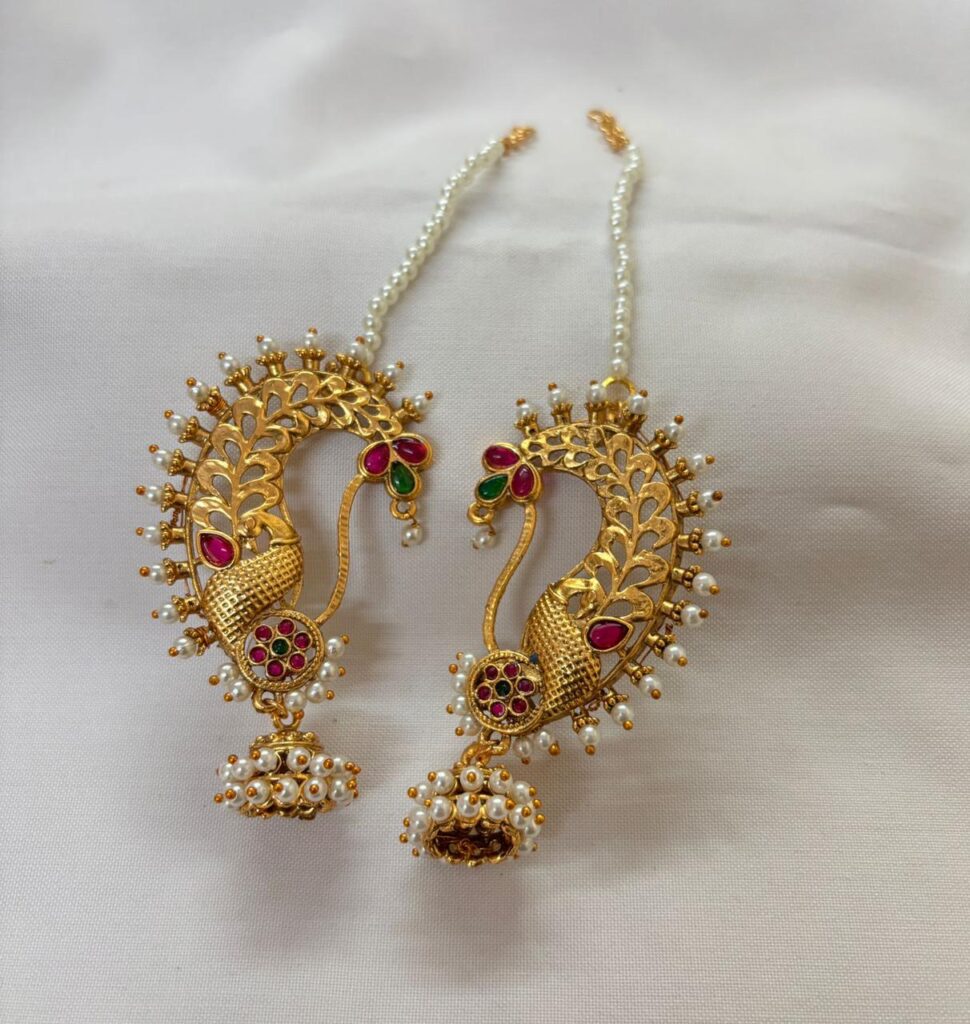 Traditional Peacock Ear Cuffs with Pearl Jhumka and Sahari Chains ...